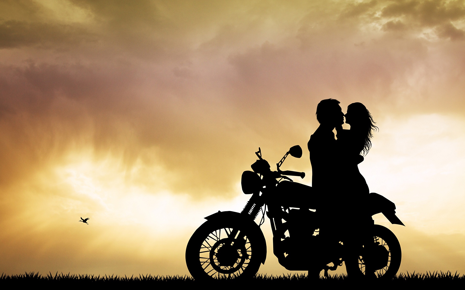 Romantic Sunset Motorcycle Embrace Wallpaper