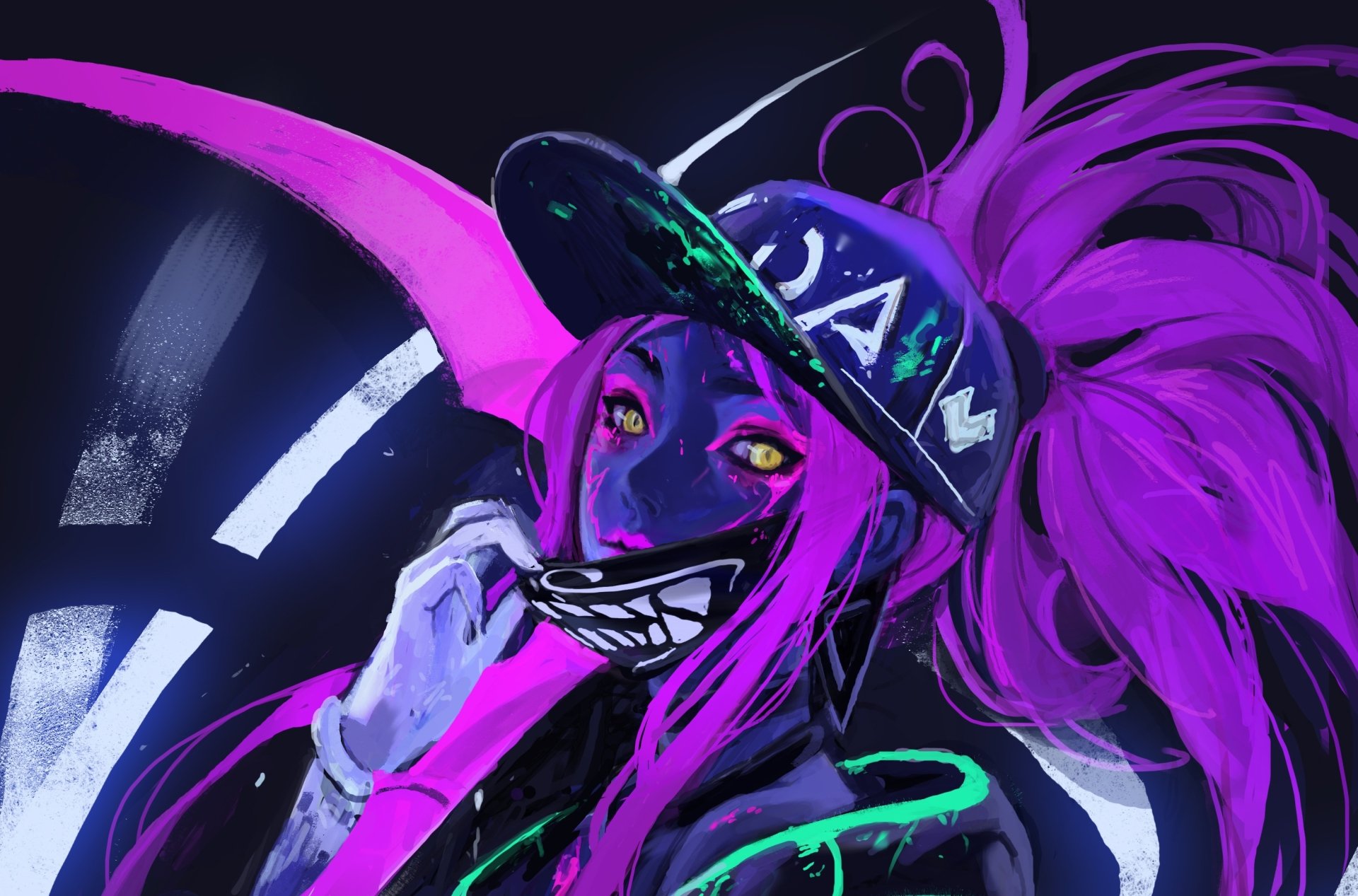 Akali's Neon Gaze: HD League of Legends Wallpaper with Signature Cap