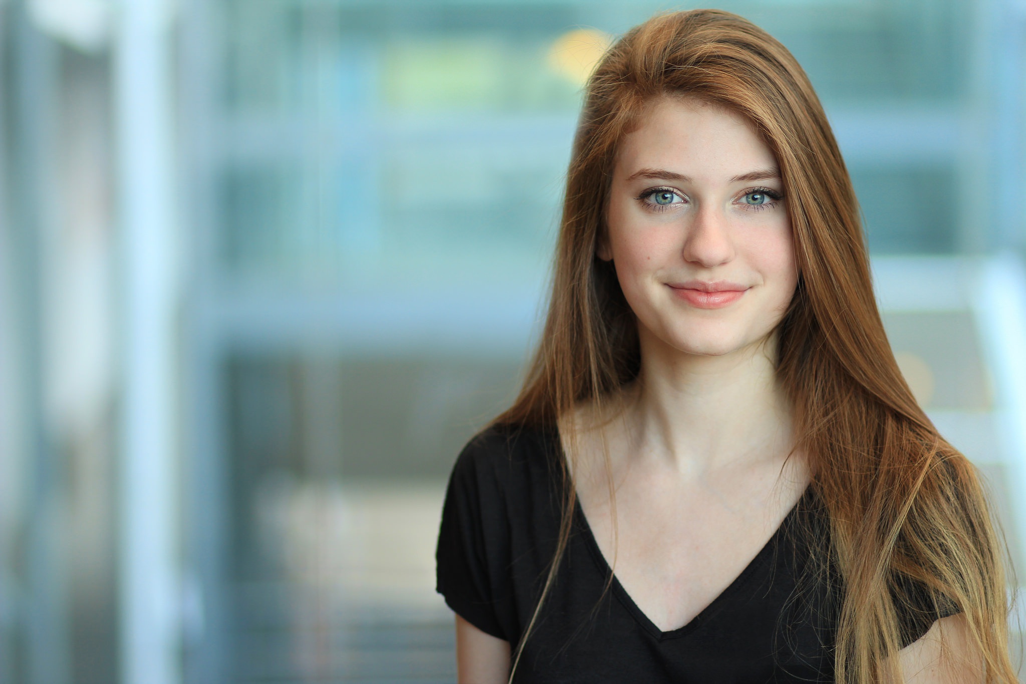 Download Long Hair Redhead Blue Eyes Smile Woman Model HD Wallpaper