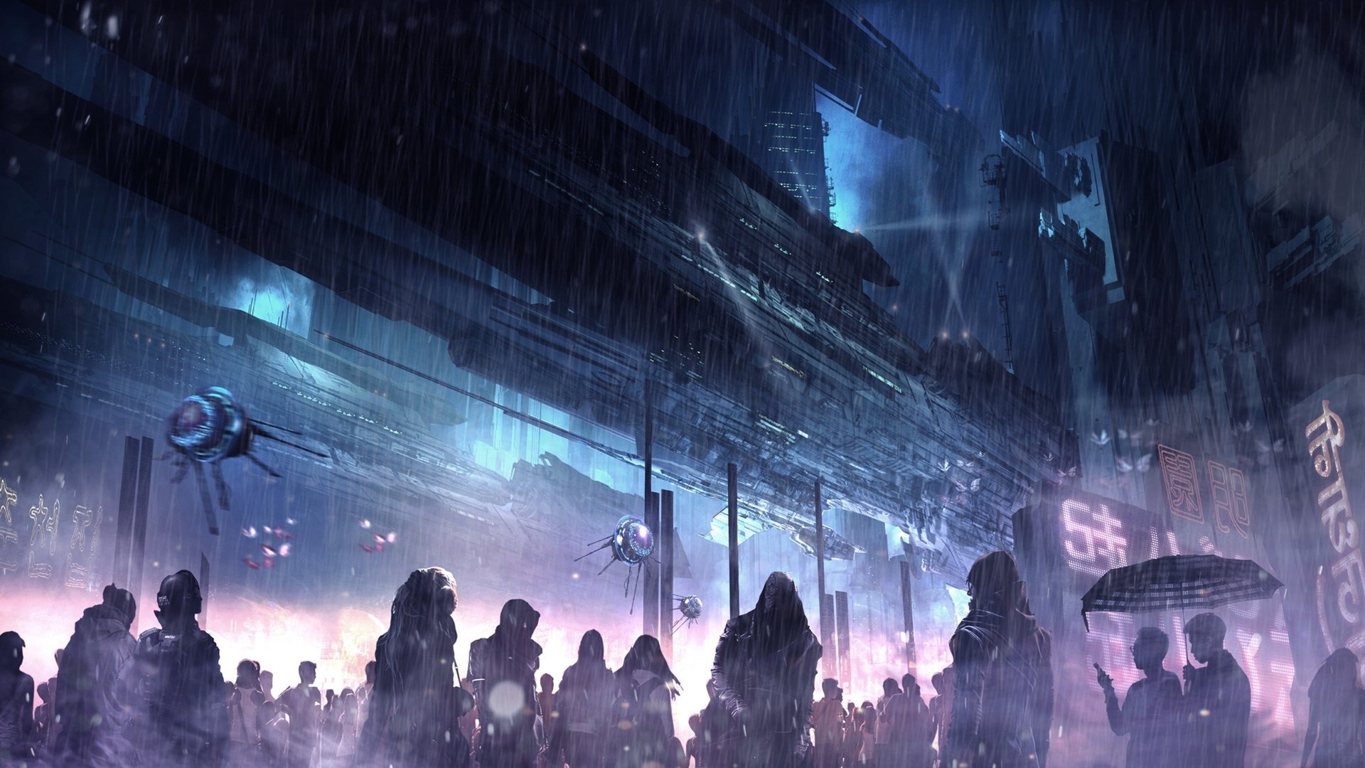 Futuristic Rain: Sci-Fi Cityscape with Drones and Crowds in HD