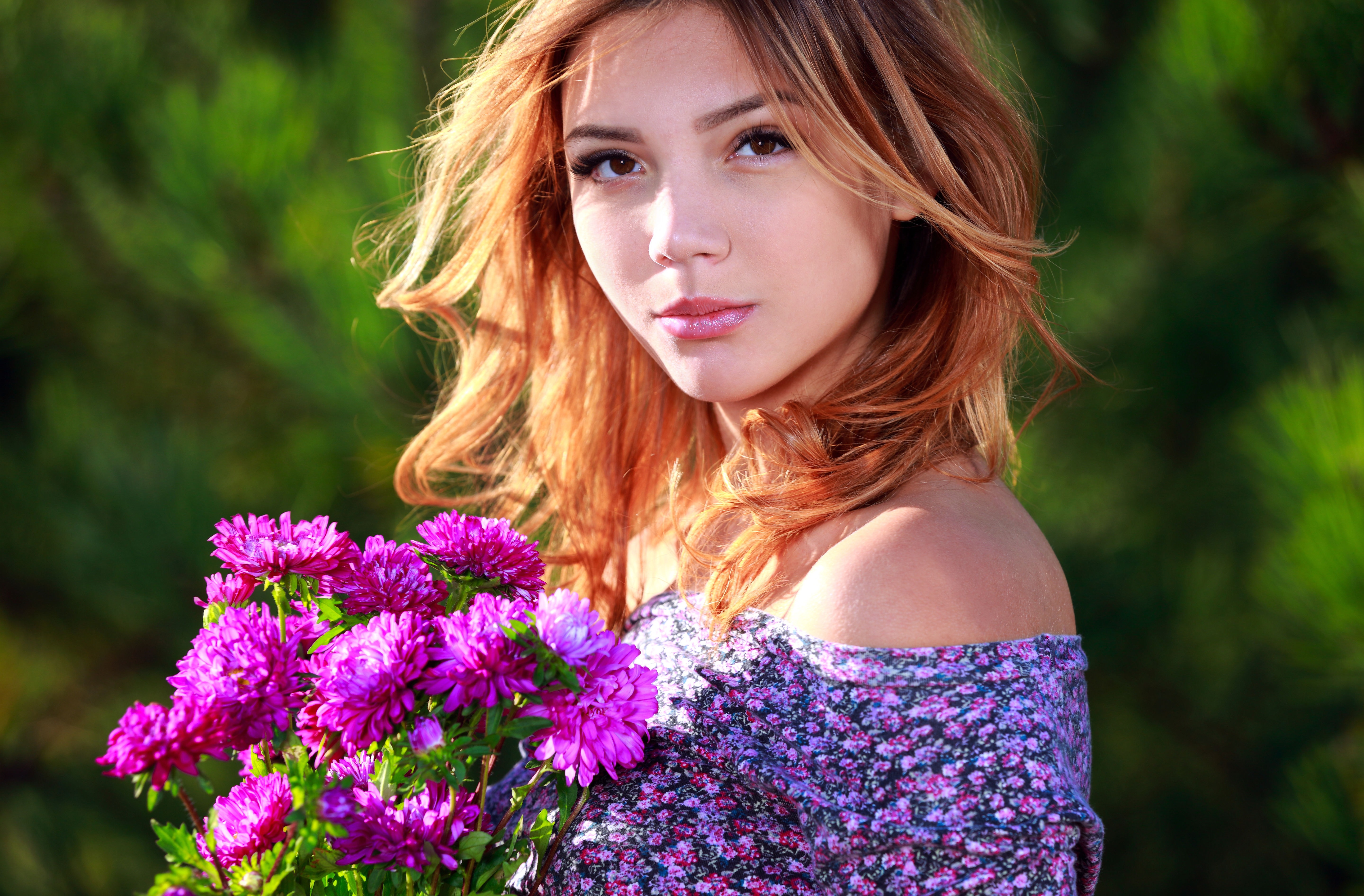 Download Pink Flower Face Brown Eyes Redhead Woman Model 4k Ultra HD ...